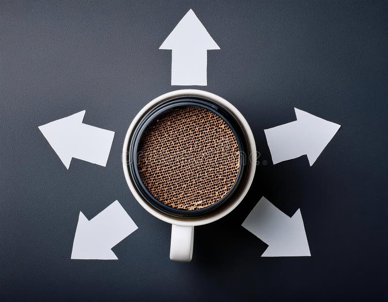 A Coffee Cup with a Textured Surface Centered among Directional Arrows ...