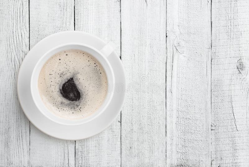 Coffee Cup Top View On White Wood Table Background Stock Photo - Image ...