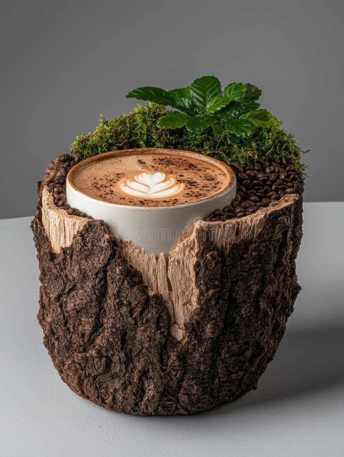 Coffee Cup in Tree Bark with Moss and Coffee Beans Stock Illustration - Illustration of rustic ...