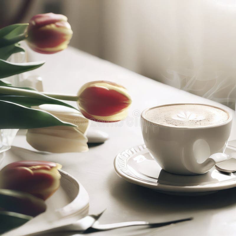 Coffee in a Cup and Tulips on the Table, Light and Airy, Generative Ai ...