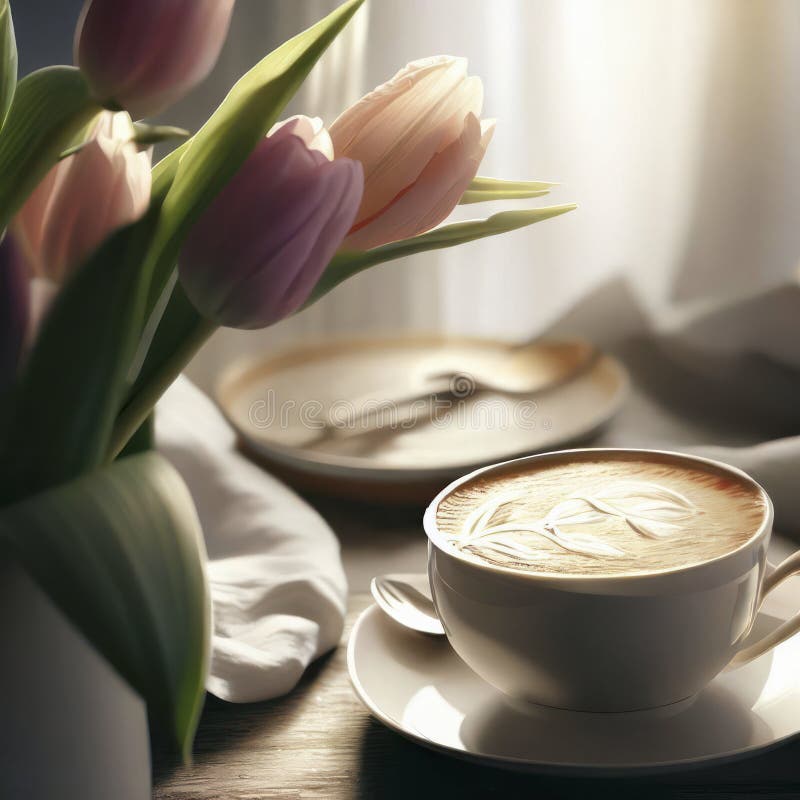Coffee in a Cup and Tulips on the Table, Light and Airy, Generative Ai ...