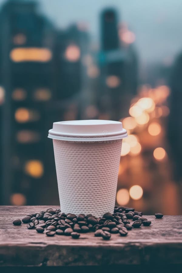 Coffee Cup on Urban Rooftop with Evening City Lights in Background ...