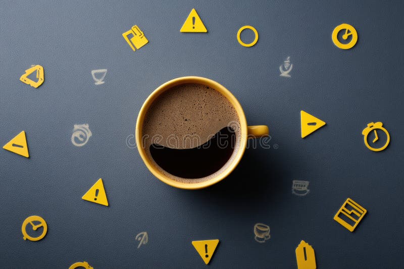 Coffee Cup with Warning Signs and Clock Icons Arranged on a Clean Upper ...
