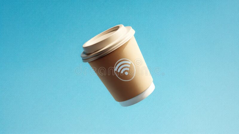 Floating Coffee Cup with WiFi Symbol on Blue Background Stock ...