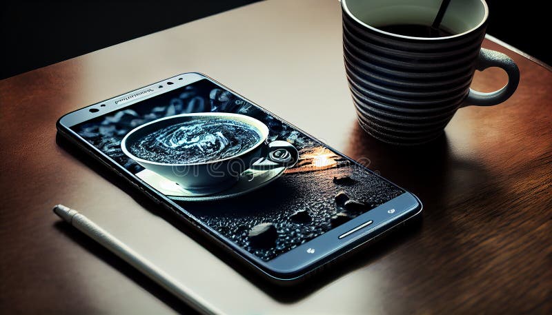 Coffee Cup on Wood with Mobile Phone ,generative AI Stock Illustration ...