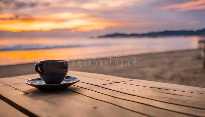 Coffee Cup on Wood Table at Sunset or Sunrise Stock Illustration ...