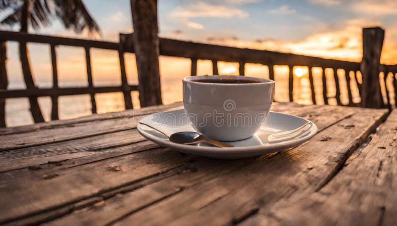 Coffee Cup on Wood Table at Sunset or Sunrise Stock Illustration ...
