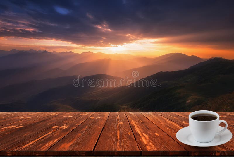 Coffee Cup on Wood Table and View of Beautiful Nature Background Stock ...
