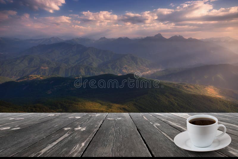 Coffee Cup on Wood Table and View of Beautiful Nature Background Stock ...