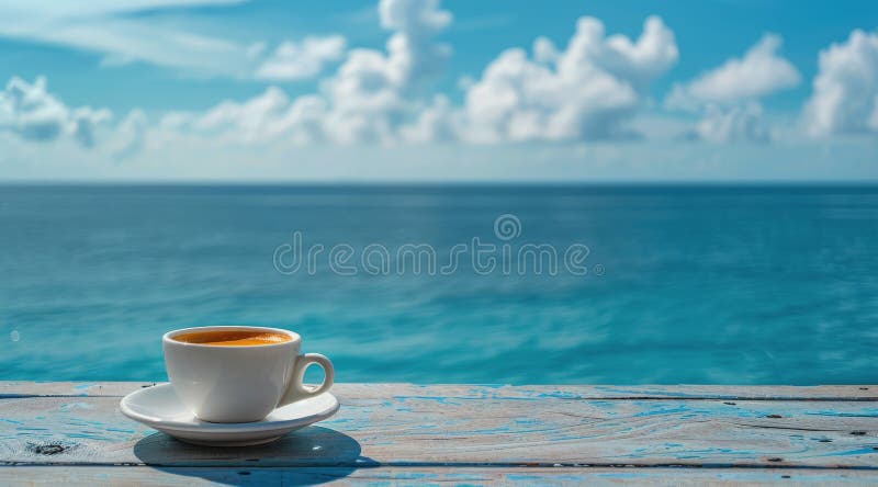 Coffee Cup on Wooden Deck Overlooking the Ocean Stock Image - Image of ...