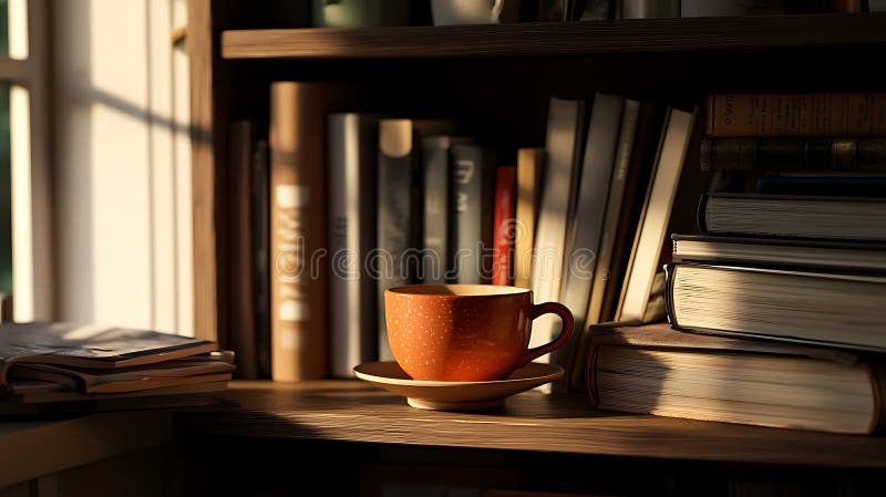 Coffee Cup on a Wooden Shelf beside Stacked Books Stock Illustration ...