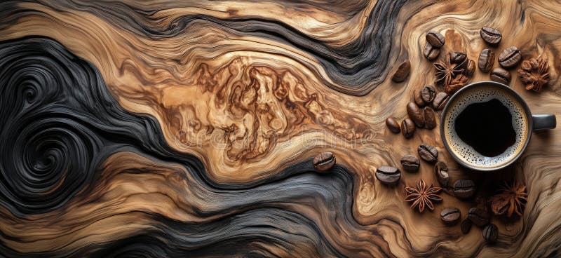 Coffee Cup on Wooden Surface with Coffee Beans and Spices, Intricate ...