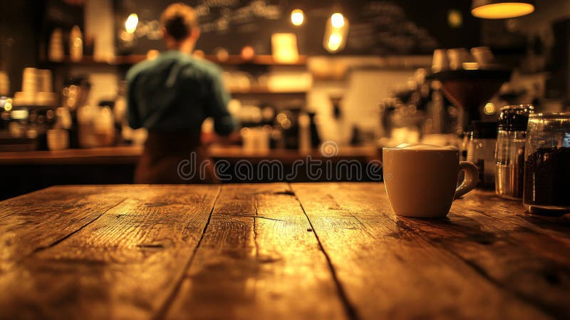 Coffee Cup on Wooden Table in Busy Cafe Stock Illustration ...