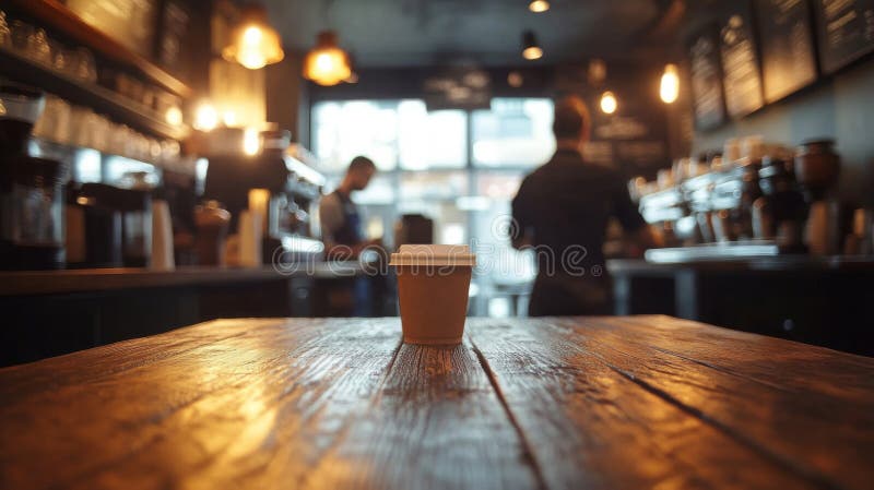 Coffee Cup on Wooden Table in Busy Coffee Shop Stock Illustration ...
