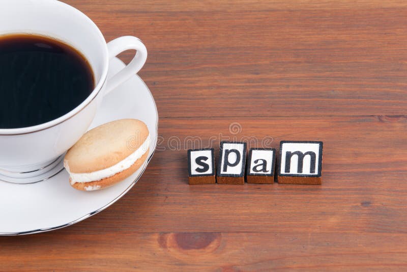 Coffee Cup on a Wooden Table and Text - Spam Stock Image - Image of ...