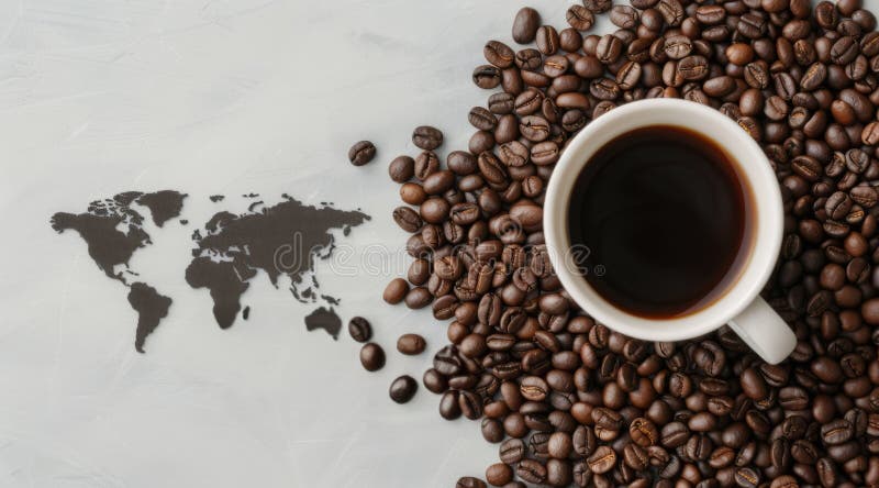 Coffee Cup with World Map Design Surrounded by Coffee Beans on Soft ...