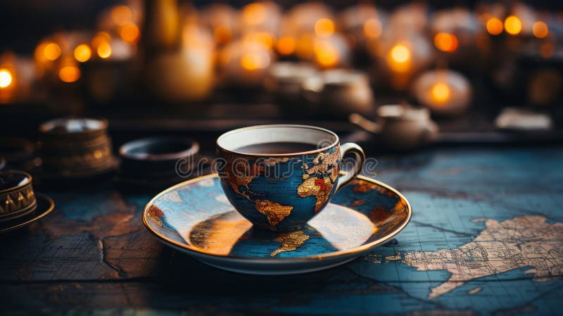 Coffee Cup with World Maps on it Close-up. Generative AI. Stock ...