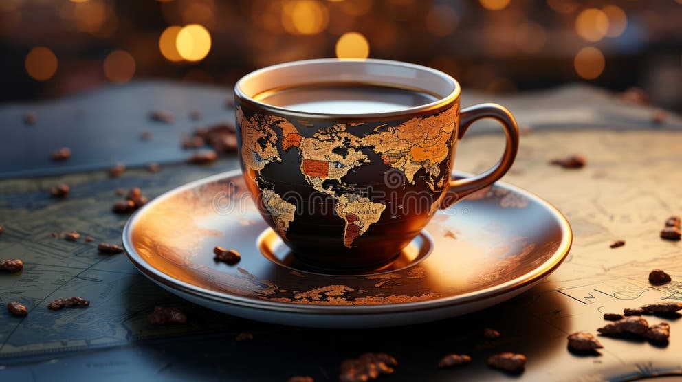 Coffee Cup with World Maps on it Close-up. Generative AI. Stock ...