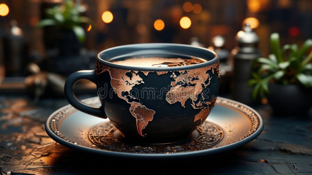 Coffee Cup with World Maps on it Close-up. Generative AI. Stock ...