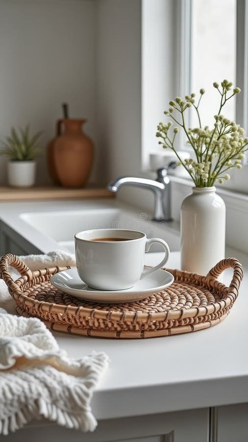 Coffee Cup on Woven Tray with Flowers in Sunny Kitchen Setting Stock ...