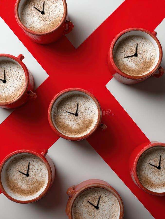 Coffee Cups Arranged As a Unique Alarm Clock, Featuring a Bold Red X ...