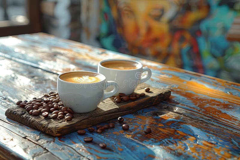 Coffee Cups and Coffee Beans on a Coffee Table, in the Style of ...