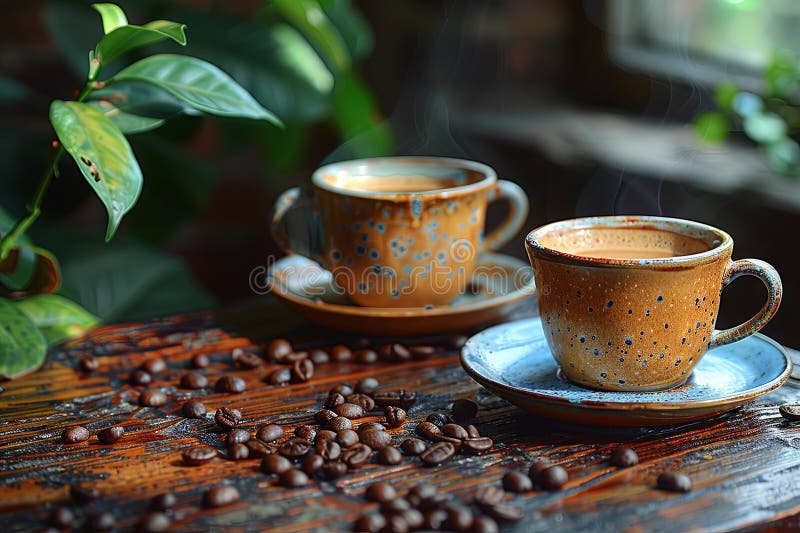 Coffee Cups and Coffee Beans on a Coffee Table, in the Style of ...