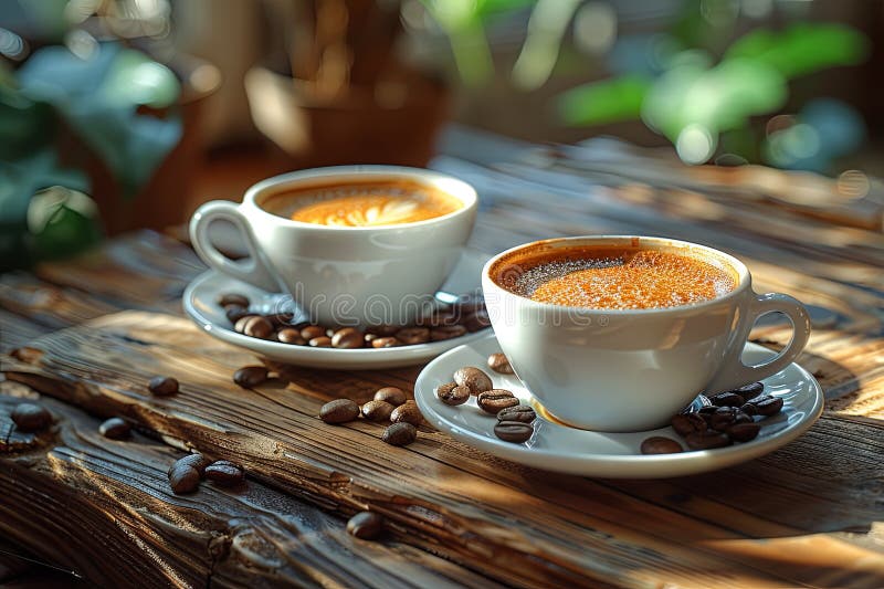 Coffee Cups and Coffee Beans on a Coffee Table, in the Style of ...