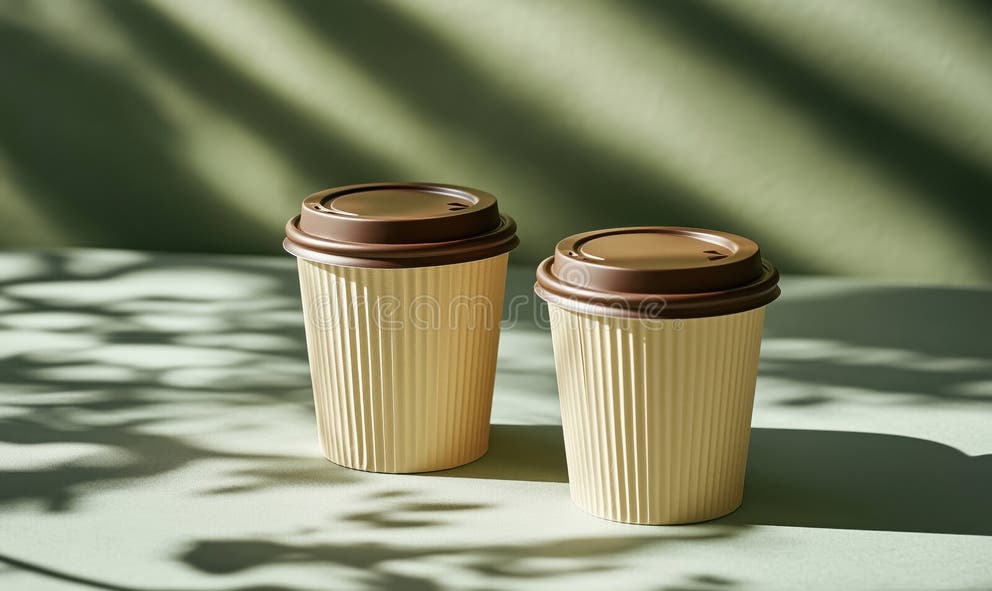 Coffee Cups with Brown Lids Casting Shadows on Green Background Stock ...