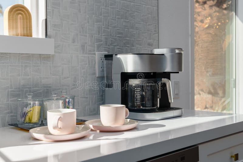 Coffee Cups and Coffee Maker on Kitchen Countertop Stock Image - Image ...