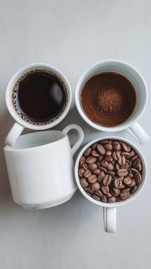 Coffee Cups, Cream, and Dark Coffee Beans on Light Grey Background ...