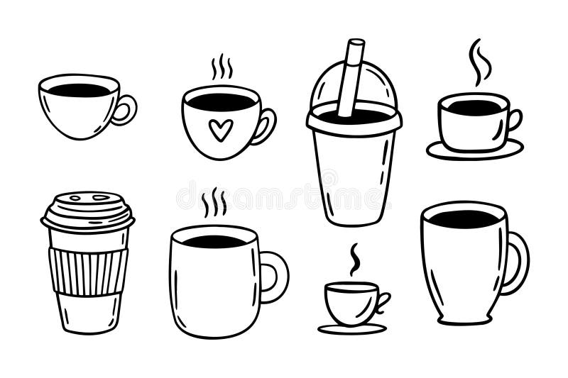 Coffee Cups Doodle Set. Coffee Cup Hand Drawn Line Signs Stock Vector ...