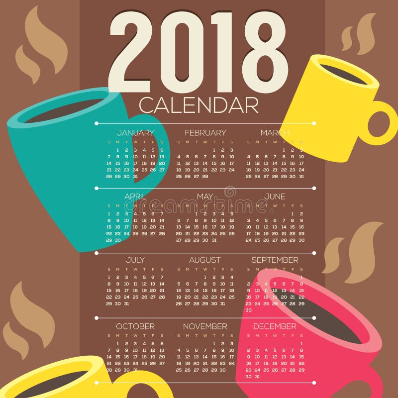 2018 Coffee Items Frame Flat Design Graphic Printable Calendar Starts ...