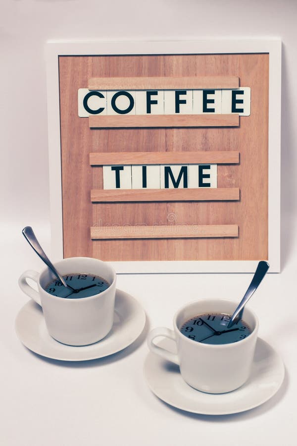 Coffee Cups with Hot Black Coffee Text Message on the Board Time for ...