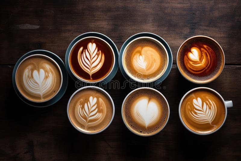 Coffee Cups with Latte Art on Wooden Table, Coffee Cups with Latte Art ...