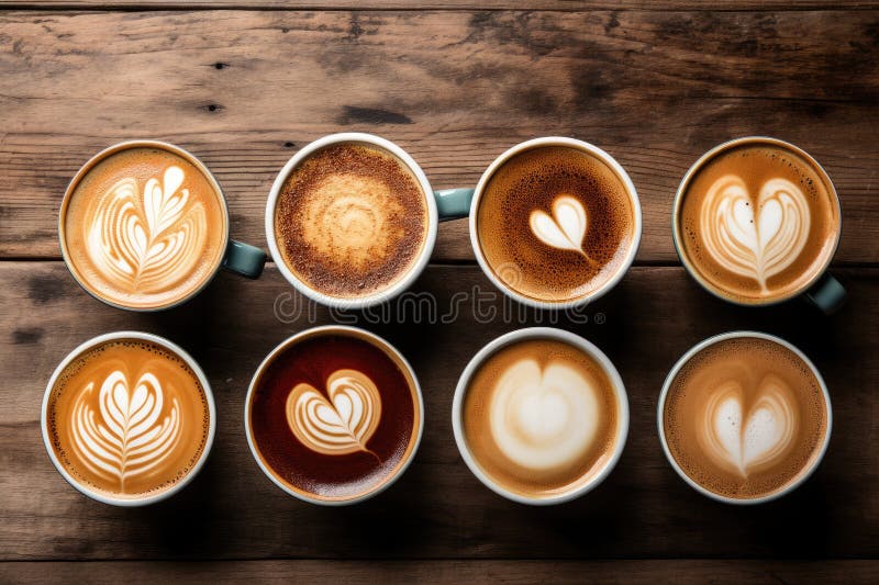 Coffee Cups with Latte Art on Wooden Table, Coffee Cups with Latte Art ...