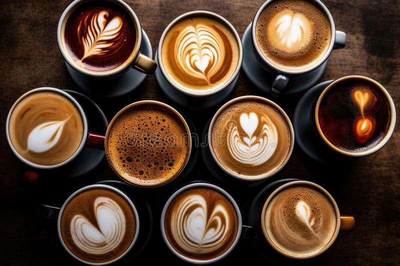 Coffee Cups with Latte Art on Wooden Table, Top View, Multiple Cups of ...