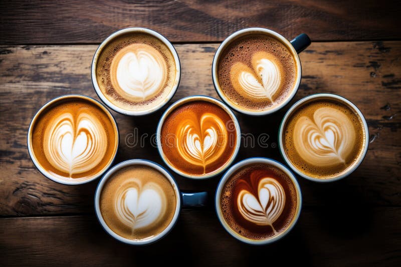 Coffee Cups with Latte Art on Wooden Table Top View Multiple Cups of ...