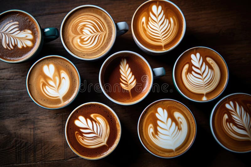 Coffee Cups with Latte Art on Wooden Table Top View Multiple Cups of ...