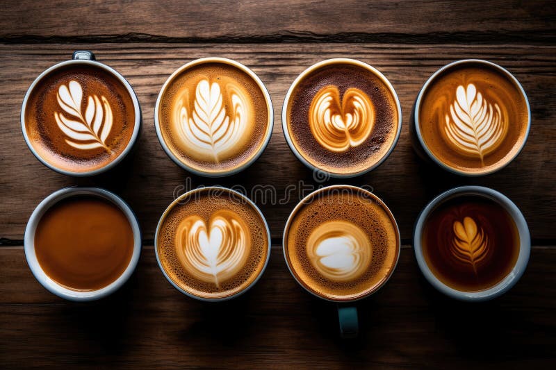 Coffee Cups with Latte Art on Wooden Table Top View Multiple Cups of ...
