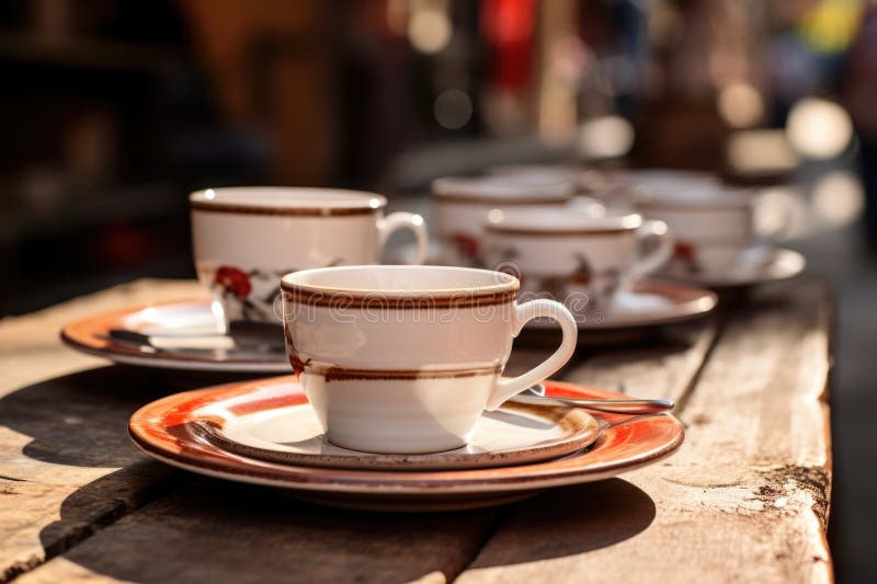 Coffee Cups and Plates on a Cafe Table Stock Photo - Image of cups ...