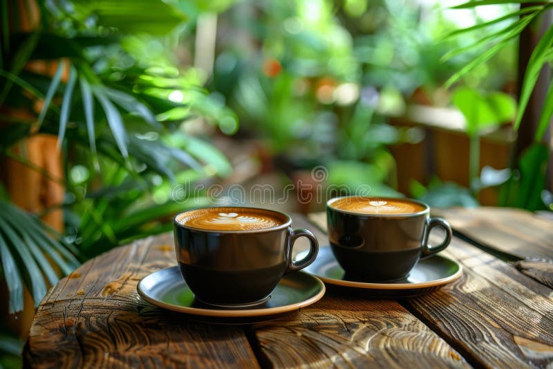 Coffee Cups on Rustic Table Surrounded by Lush Green Plants in a Cozy ...