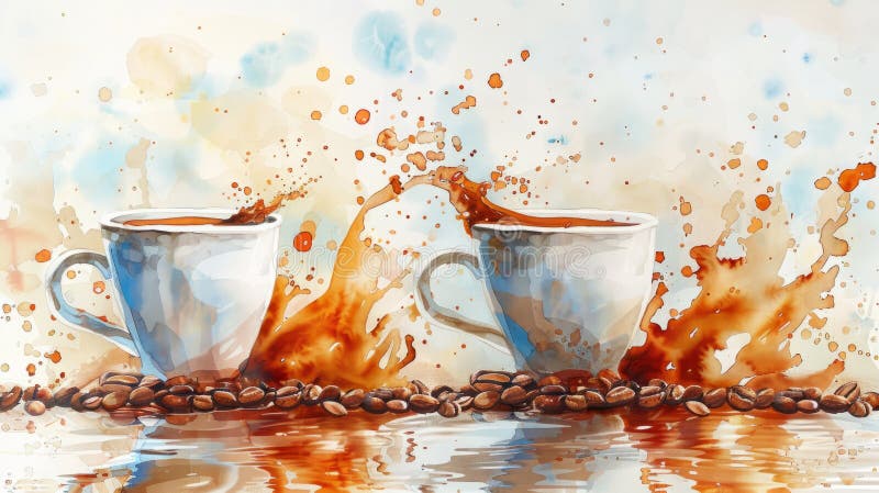Coffee Cups Splashing with Brown Liquid and Coffee Beans on a ...