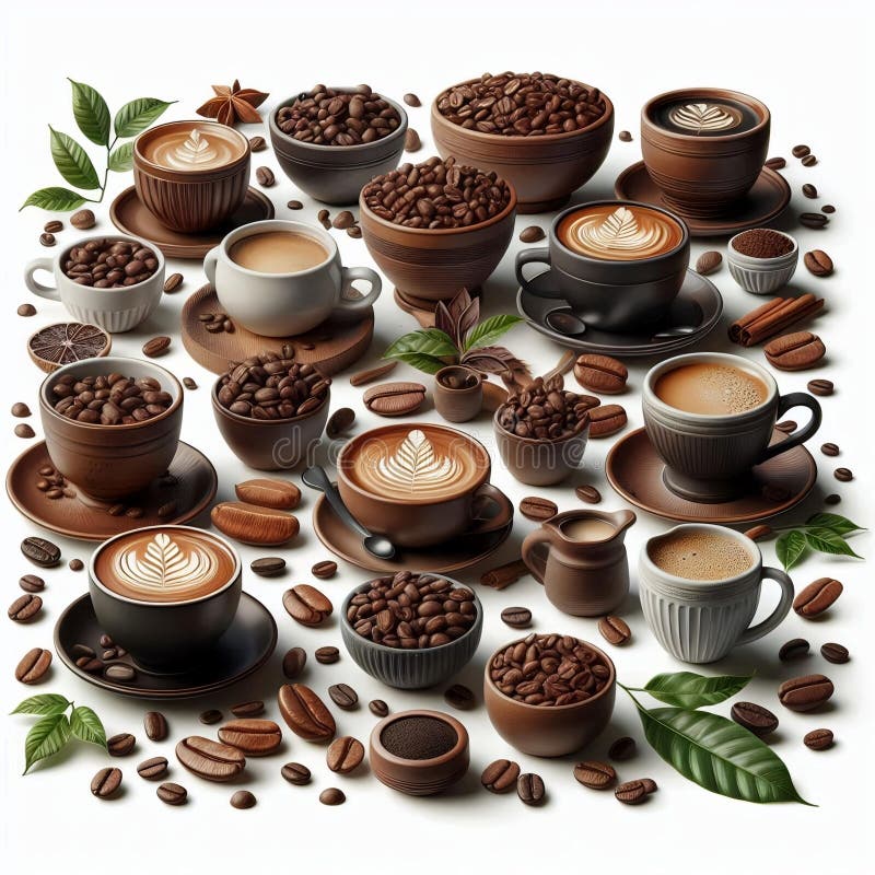 Coffee Cups with Various Coffee Art on Top,whole and Split Coffee Beans ...