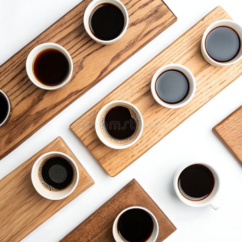 Coffee Cups and Wooden Boards Arrangement from a High Angle Isolated on ...