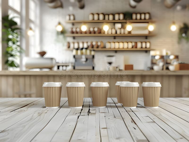 Coffee Cups on Wooden Table in Cafe Ai Generated Stock Photo - Image of ...