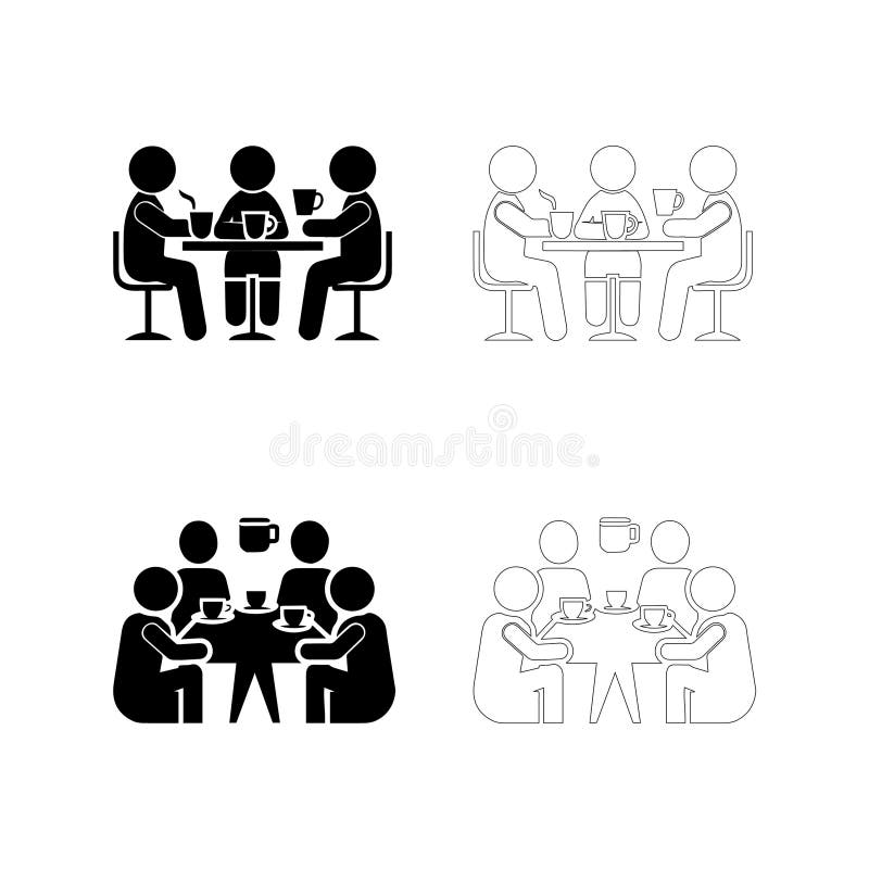 Coffee Day Group at Round Table Drinking Coffee Icon Set with 3-Person ...