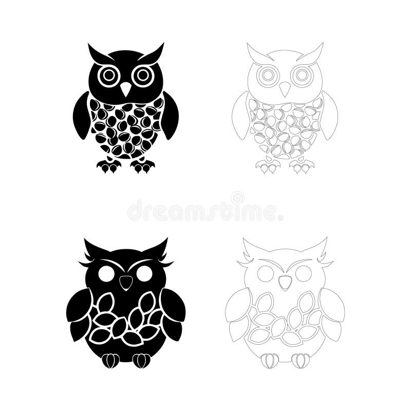 Coffee Day Owl Illustration Set with Black Fill and Outline Patterns ...