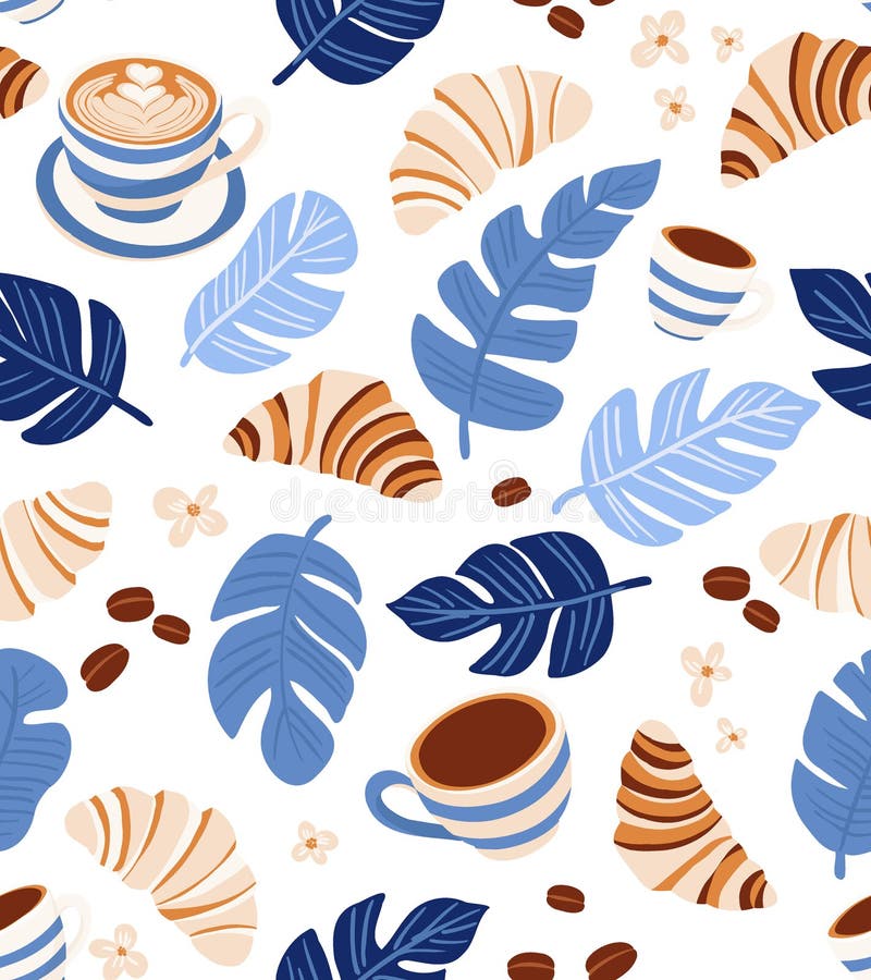 Coffee Desserts Croissant Seamless Pattern. Tropical Theme Stock Vector ...