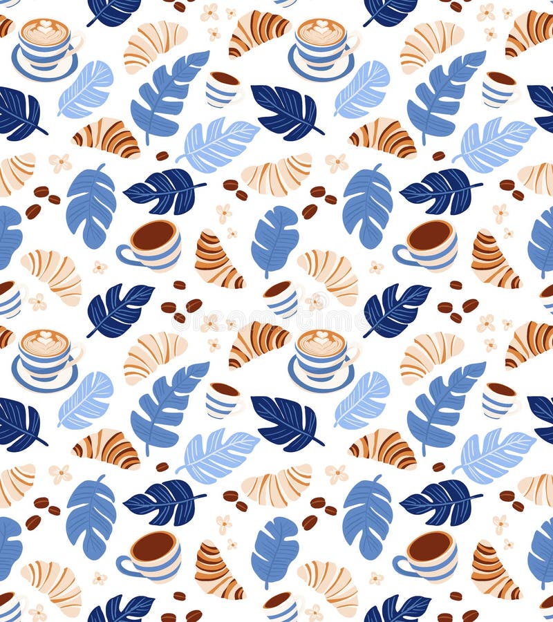 Coffee Desserts Croissant Seamless Pattern. Tropical Theme Stock Vector ...